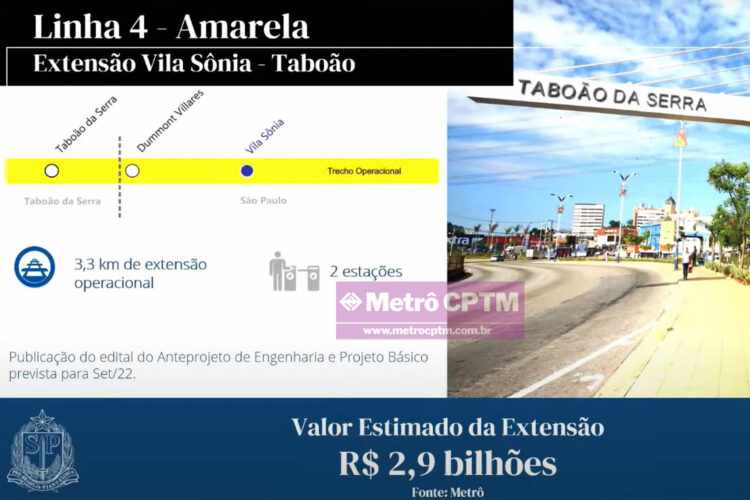 Extensão da Linha 4-Amarela até Taboão da Serra deve ter projeto ...